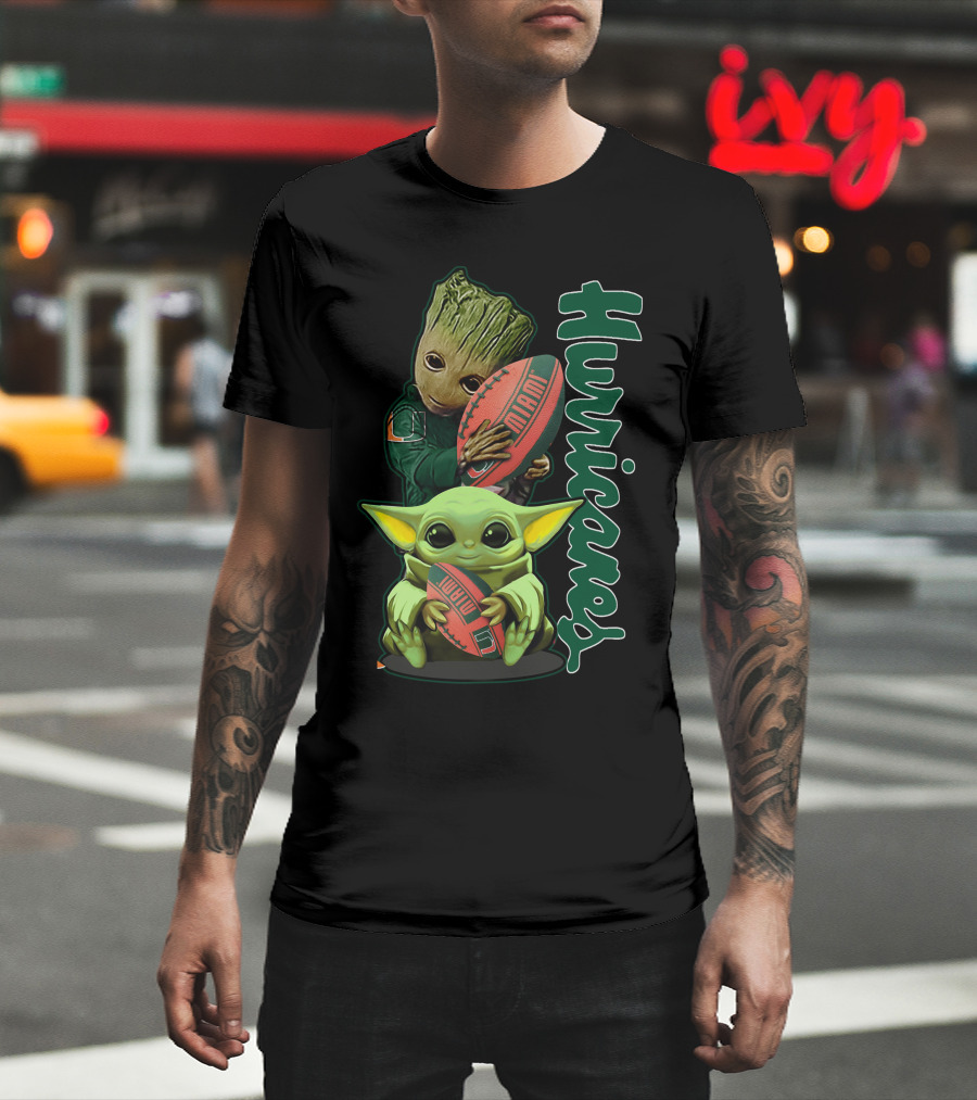 Grzd Miami Hurricanes Baby Yoda Groot Football T-Shirt