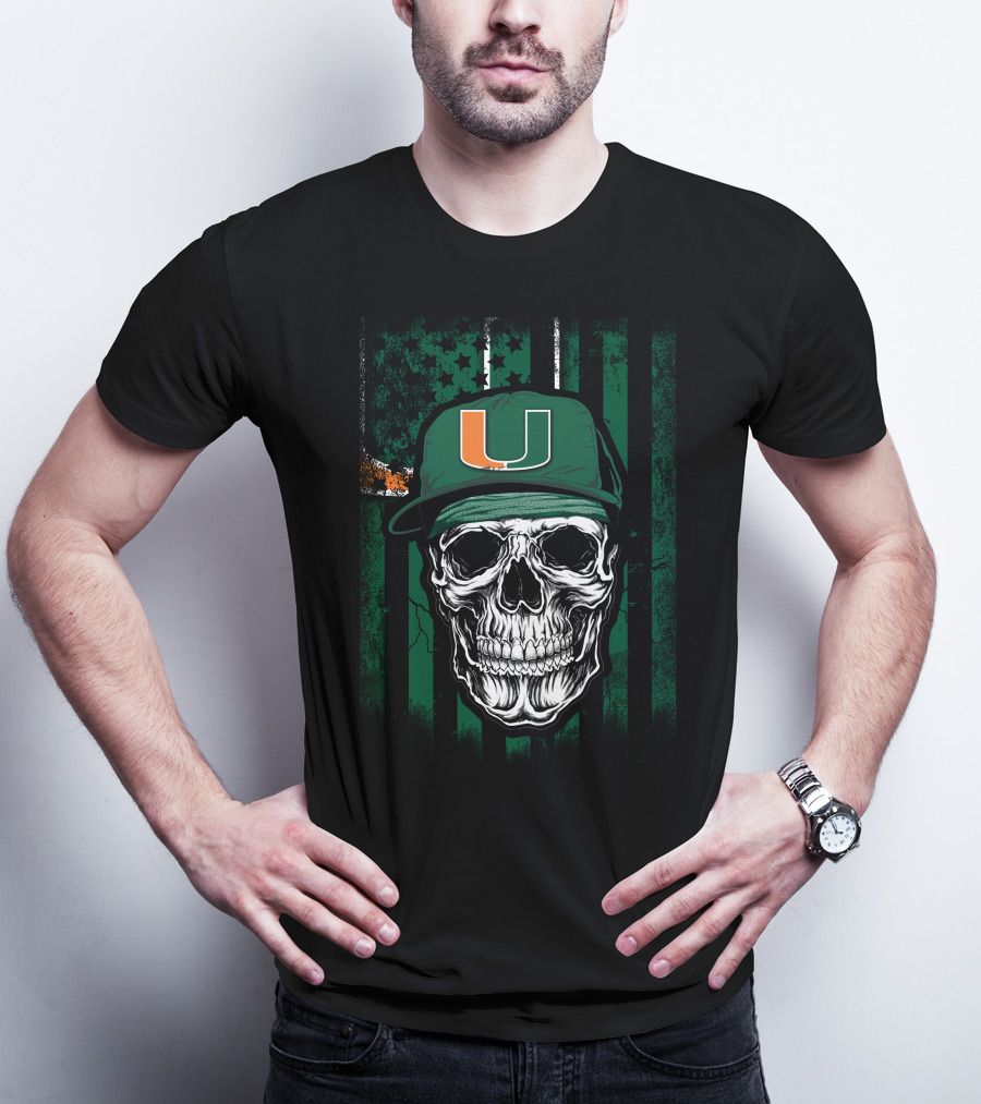 Skull Miami Hurricanes U Logo Cap With Green Stripes T-Shirt