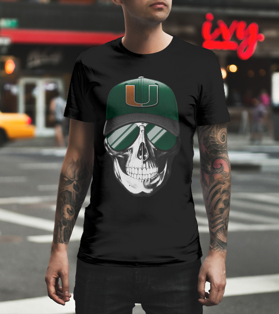 Miami Hurricanes Skull Cap With Reflective Sunglasses T-Shirt