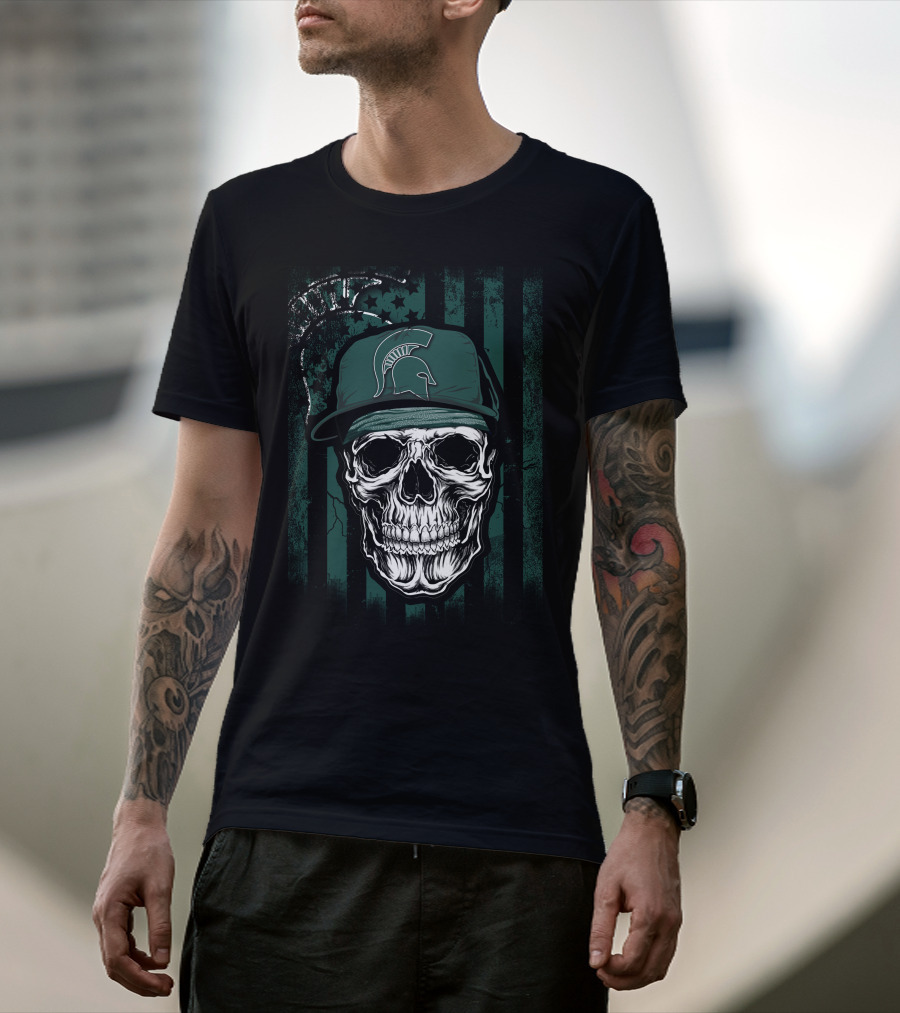 Skull Wearing Michigan State Spartans Cap On Green Stripes With Faded Text T-Shirt