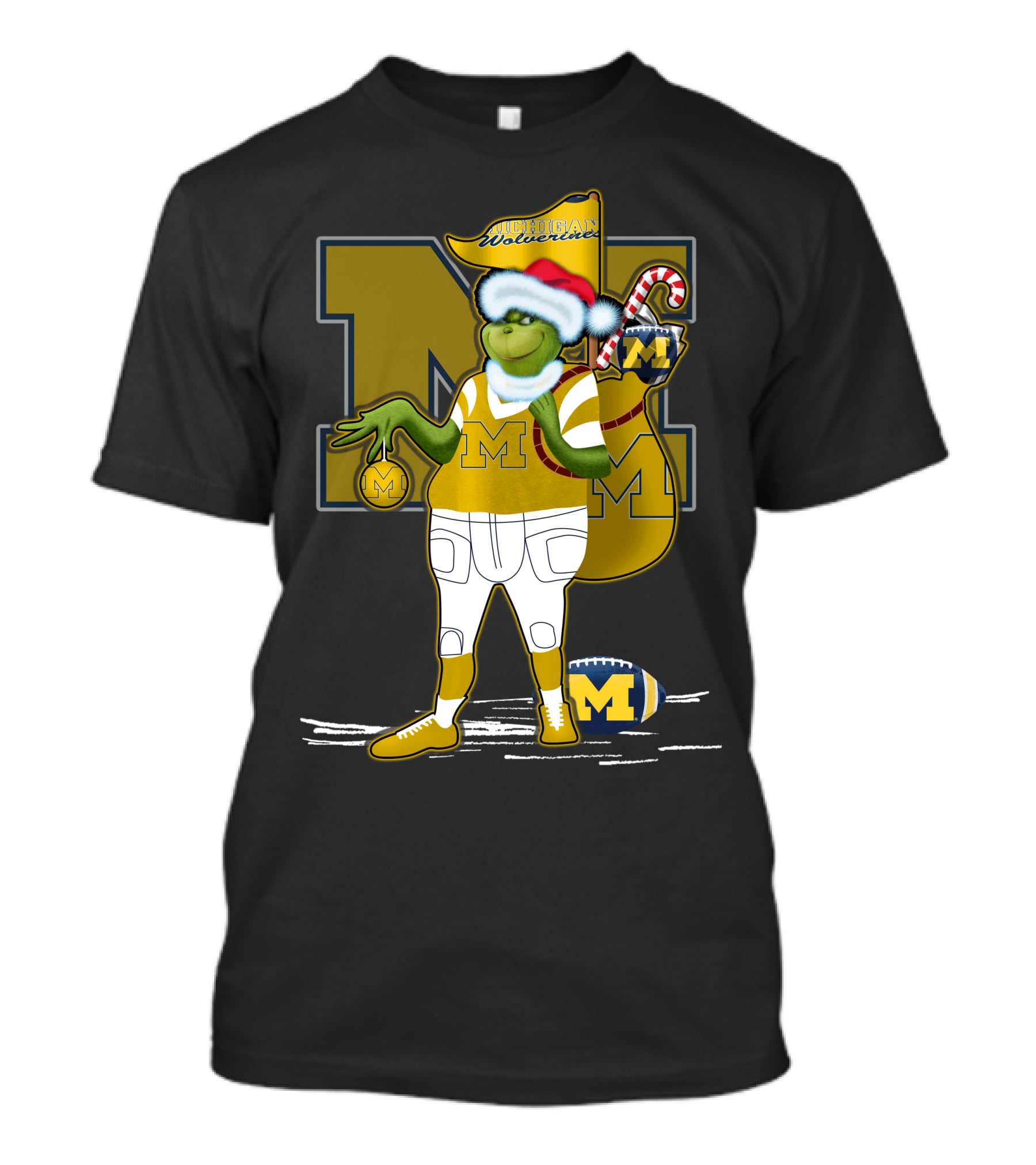 Grinchxmas Michigan Wolverines Santa Hat Football Candy Cane T-Shirt