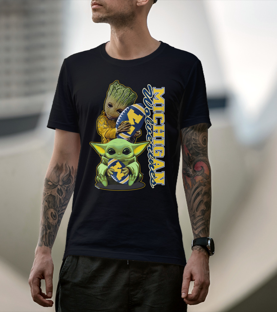 Michigan Wolverines Grogu And Groot Football T-Shirt