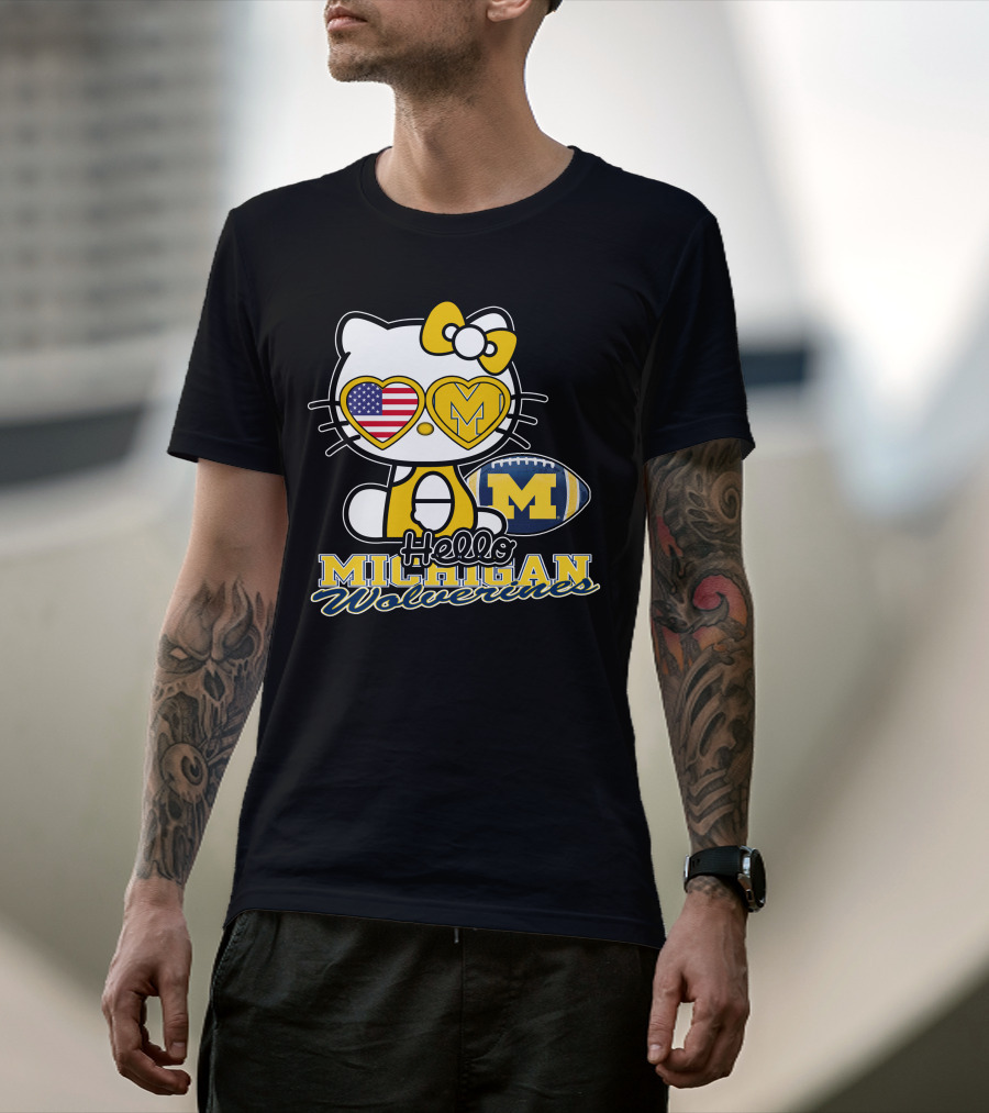 Hello Kitty Michigan Wolverines American Flag Football T-Shirt