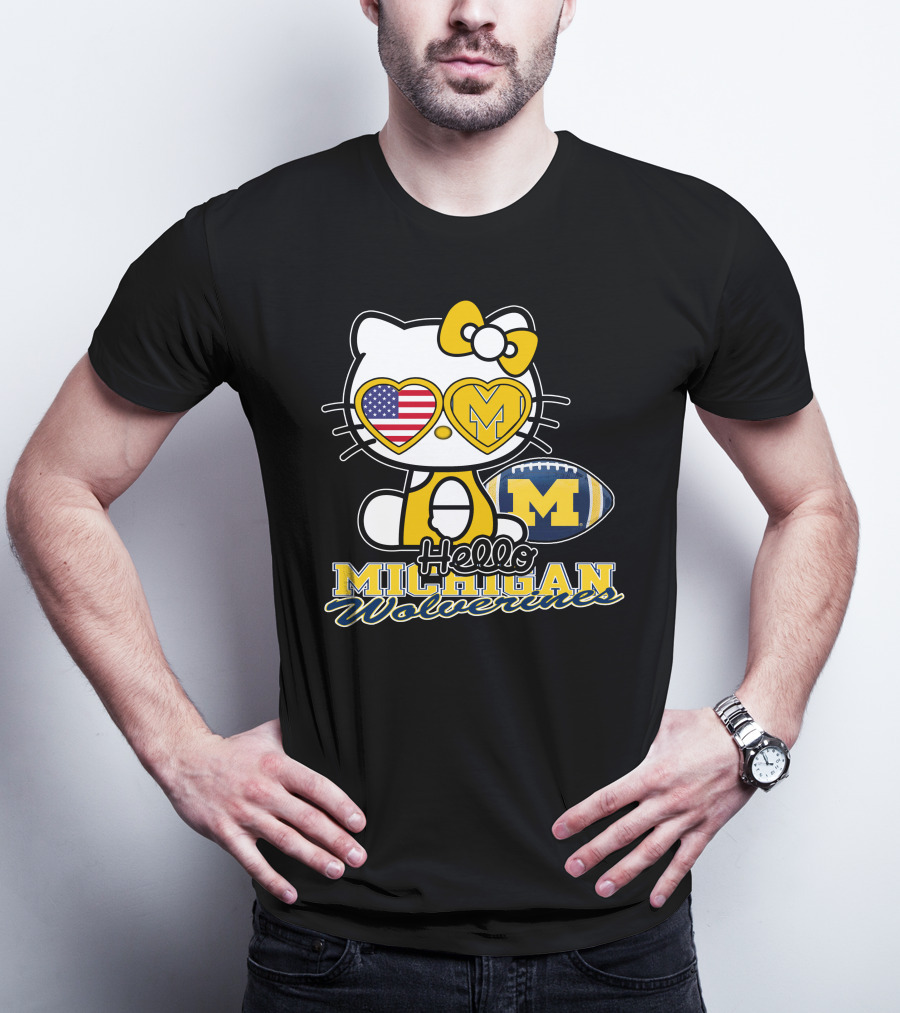 Hello Kitty Michigan Wolverines American Flag Football T-Shirt