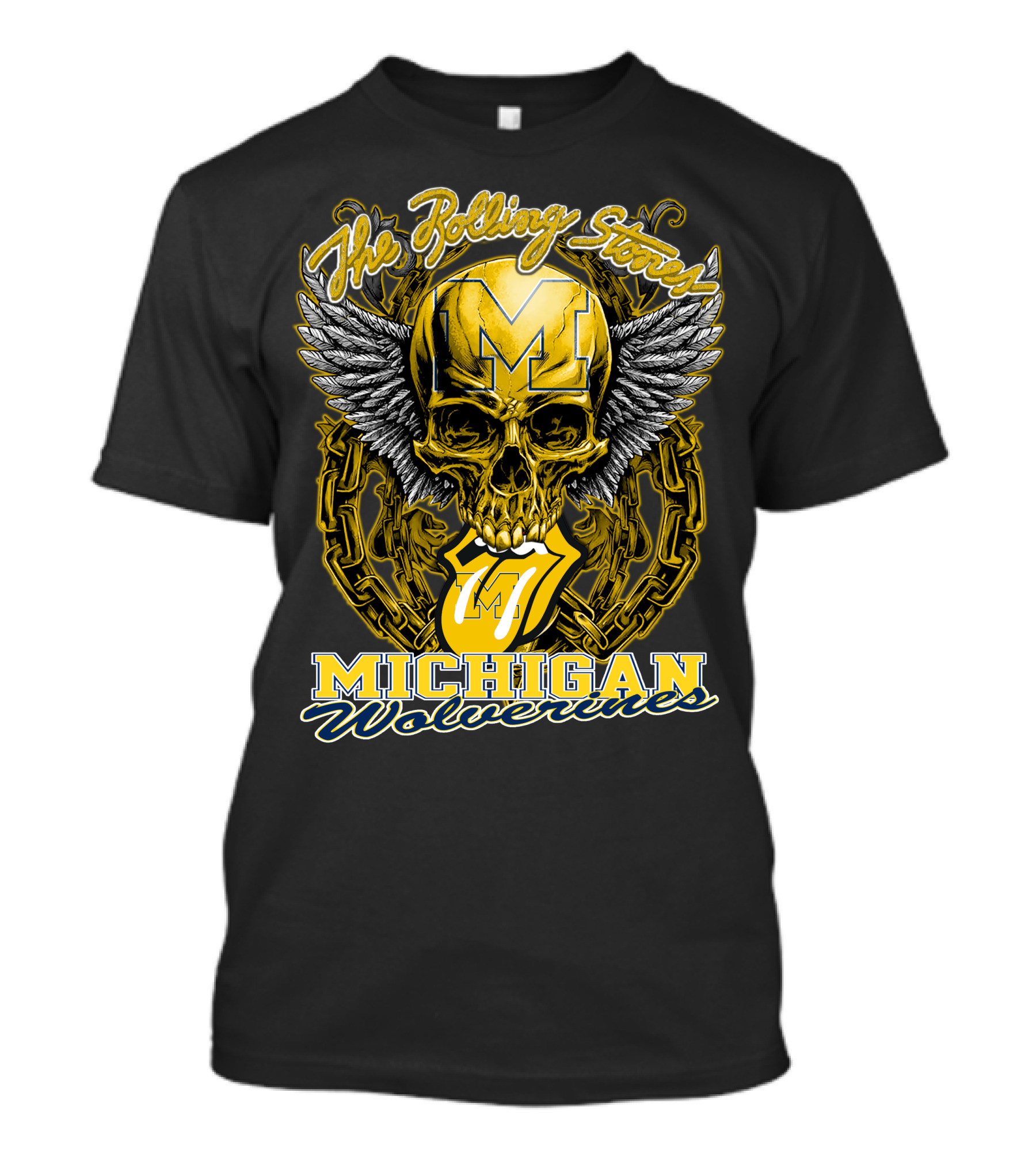 The Rolling Stones Michigan Wolverines Skull With Winged Helmet And Classic Tongue T-Shirt