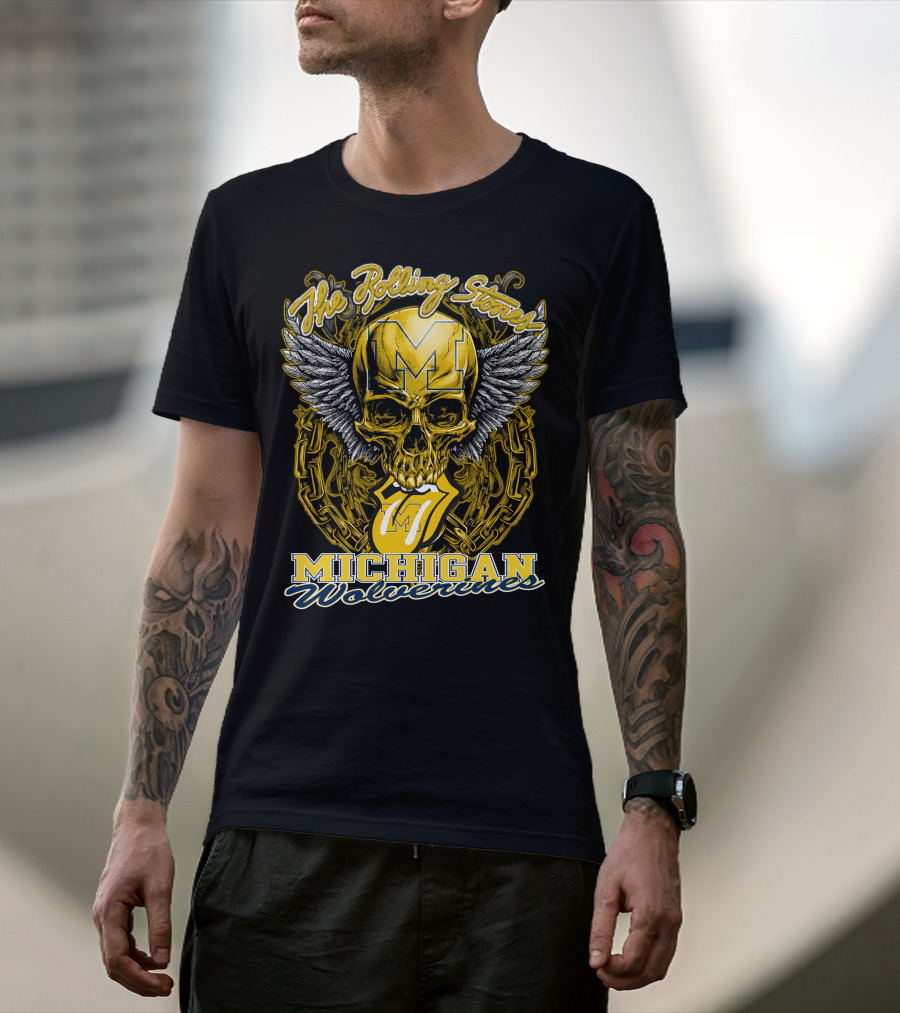 The Rolling Stones Michigan Wolverines Skull With Winged Helmet And Classic Tongue T-Shirt