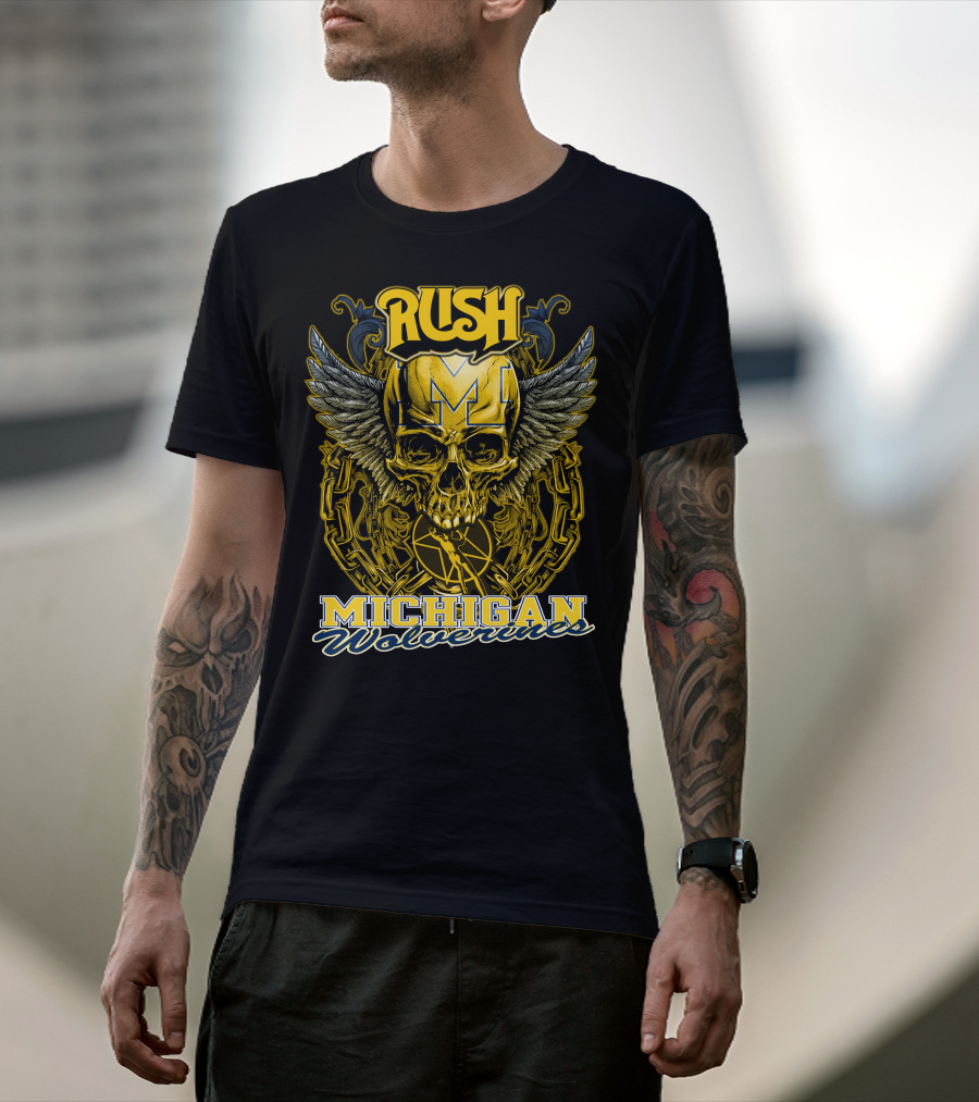 Rush Michigan Wolverines Skull Wings Chain T-Shirt