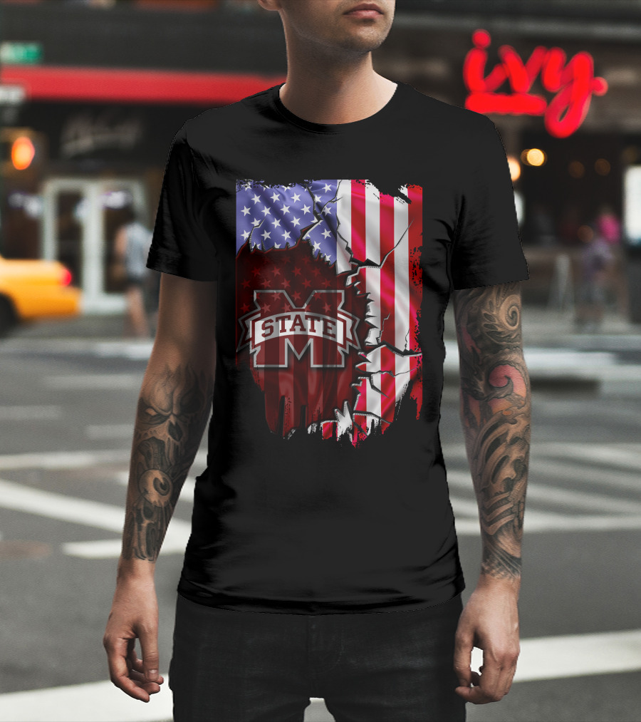 Mississippi State Bulldogs American Flag Torn T-Shirt
