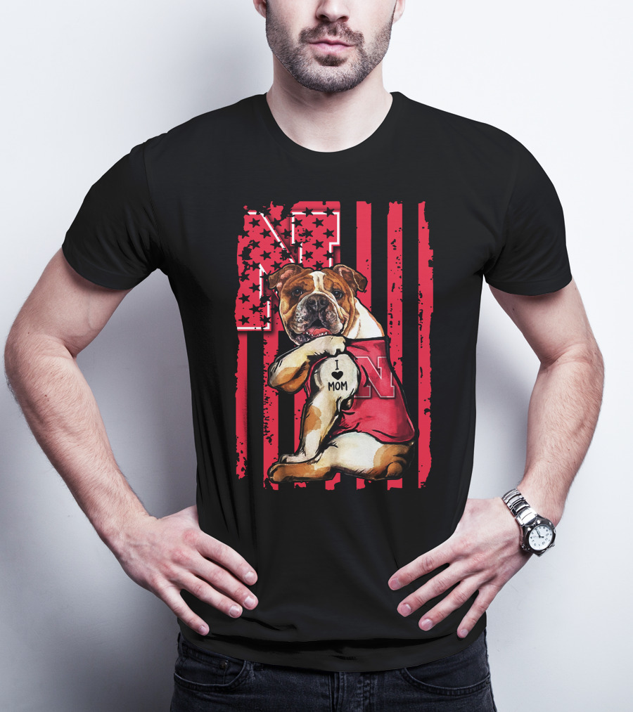 Bulldog I Love Mom Nebraska Cornhuskers N Flag Stars T-Shirt