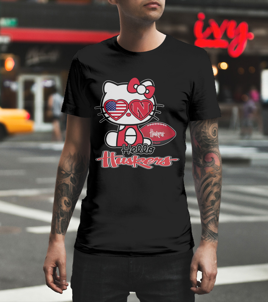 Hello Kitty Huskers Nebraska Football Heart Flag T-Shirt