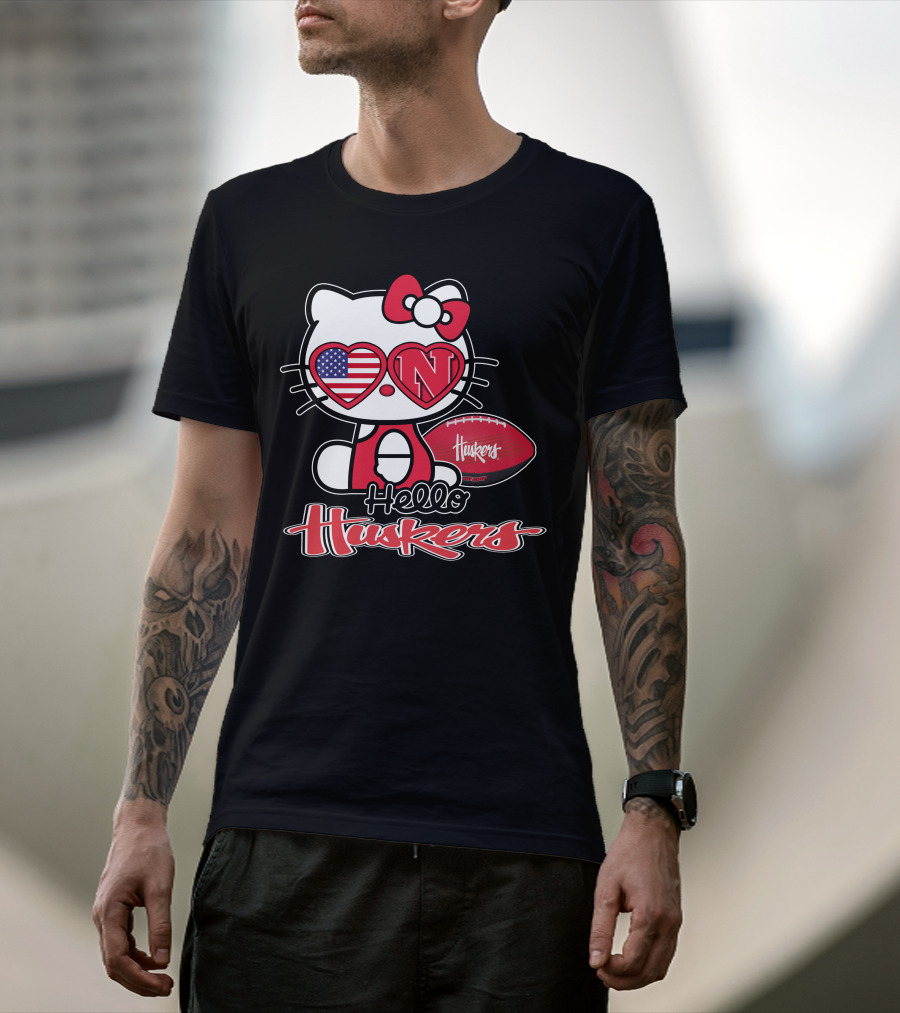 Hello Kitty Huskers Nebraska Football Heart Flag T-Shirt