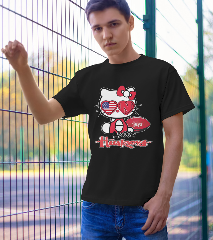 Hello Kitty Huskers Nebraska Football Heart Flag T-Shirt