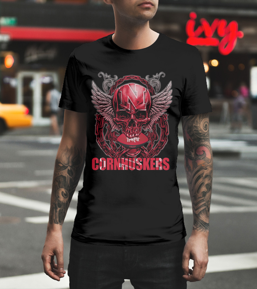 Nebraska Cornhuskers Winged Skull With Chain And Football Helmet Decor T-Shirt