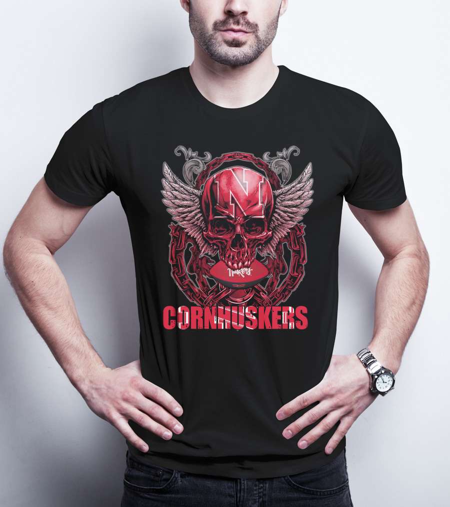 Nebraska Cornhuskers Winged Skull With Chain And Football Helmet Decor T-Shirt