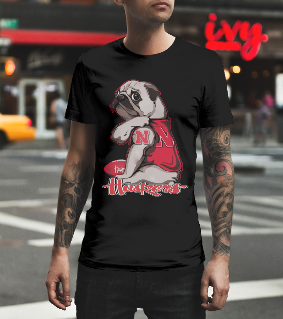 Pug Wearing Nebraska Cornhuskers Shirt And Football Huskers T-Shirt