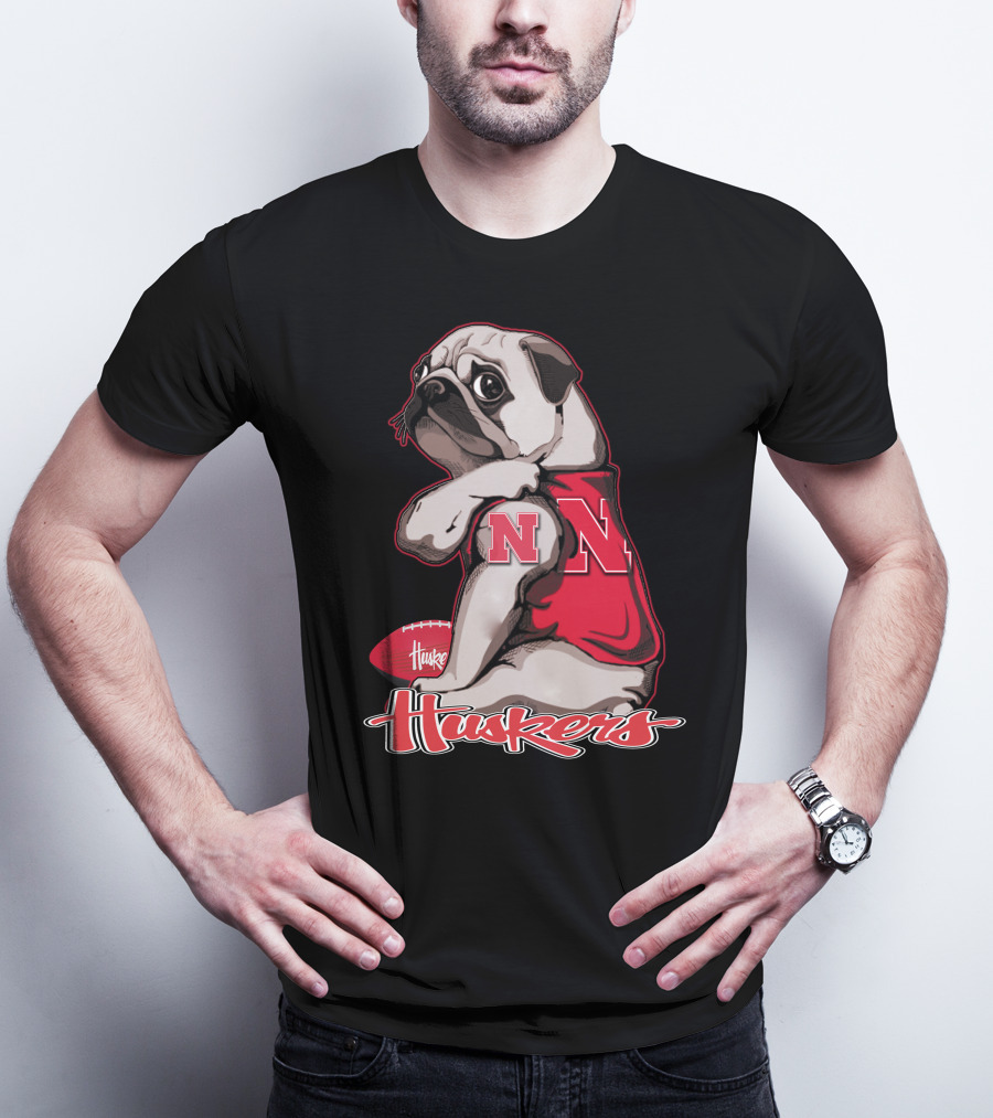 Pug Wearing Nebraska Cornhuskers Shirt And Football Huskers T-Shirt