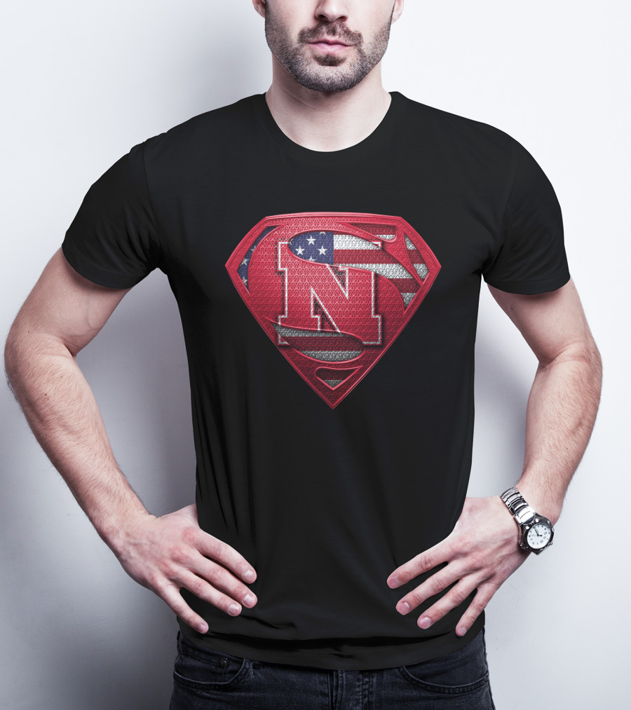 Superman Logo Style Nebraska Cornhuskers With American Flag Theme T-Shirt