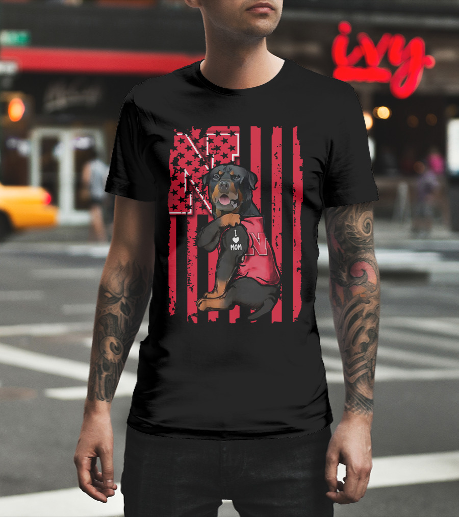 Rottweiler I Love Mom Nebraska Cornhuskers N Flag Stripes T-Shirt