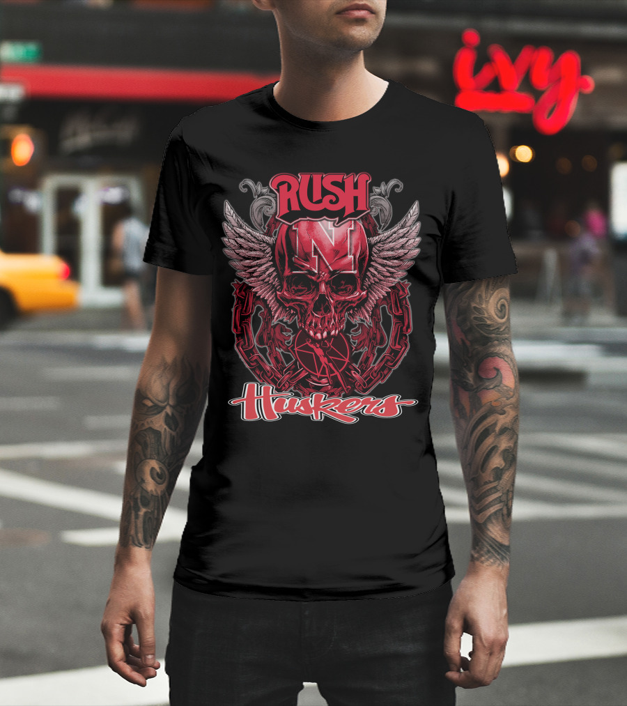 RUSH Nebraska Huskers Winged Skull Chain T-Shirt