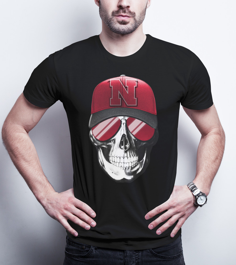 Skull Wearing Nebraska Cornhuskers Red N Cap With Sunglasses T-Shirt