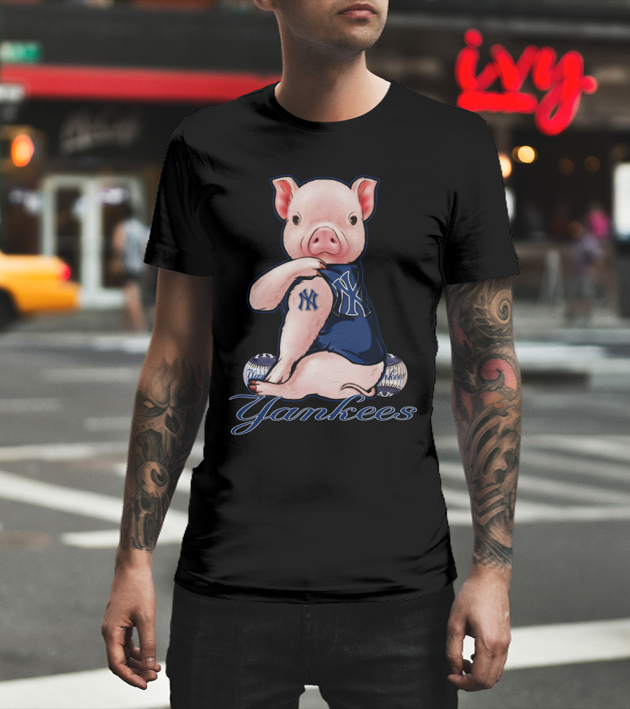 Pig Yankees Baseball Fan With NY Tattoo T-Shirt