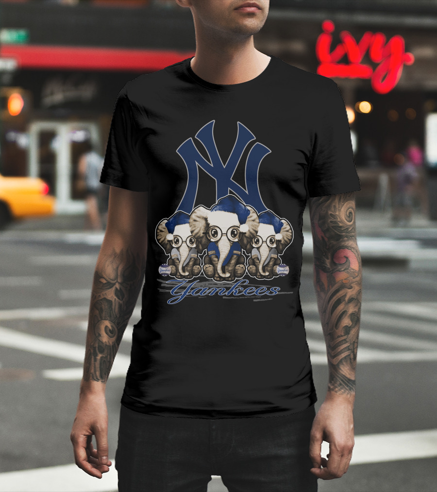 Elephant Xmas New York Yankees Blue Santa Hat Trio T-Shirt