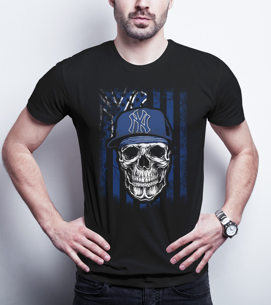 Skull Wearing New York Yankees Cap With Blue T-Shirt