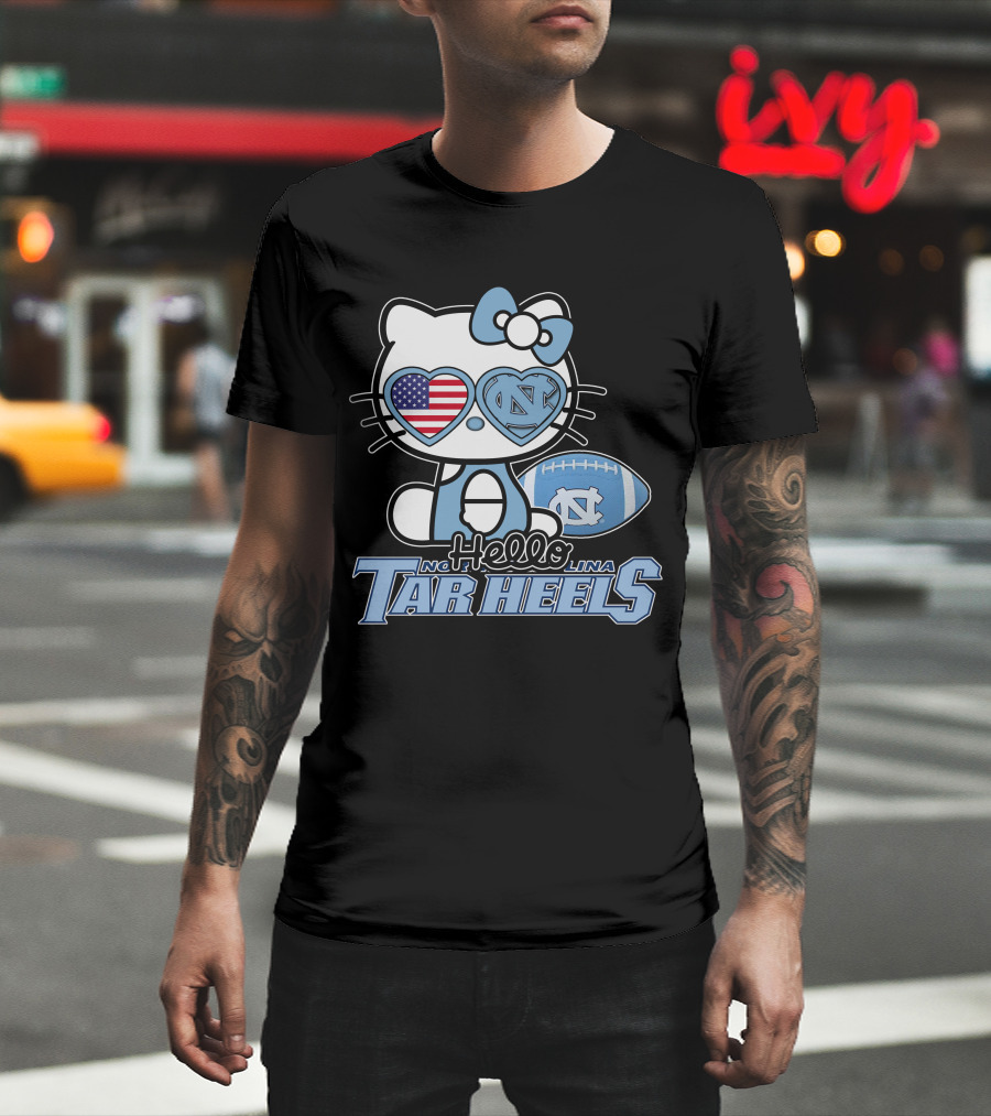 Hello Kitty North Carolina Tar Heels Football American Flag Heart T-Shirt