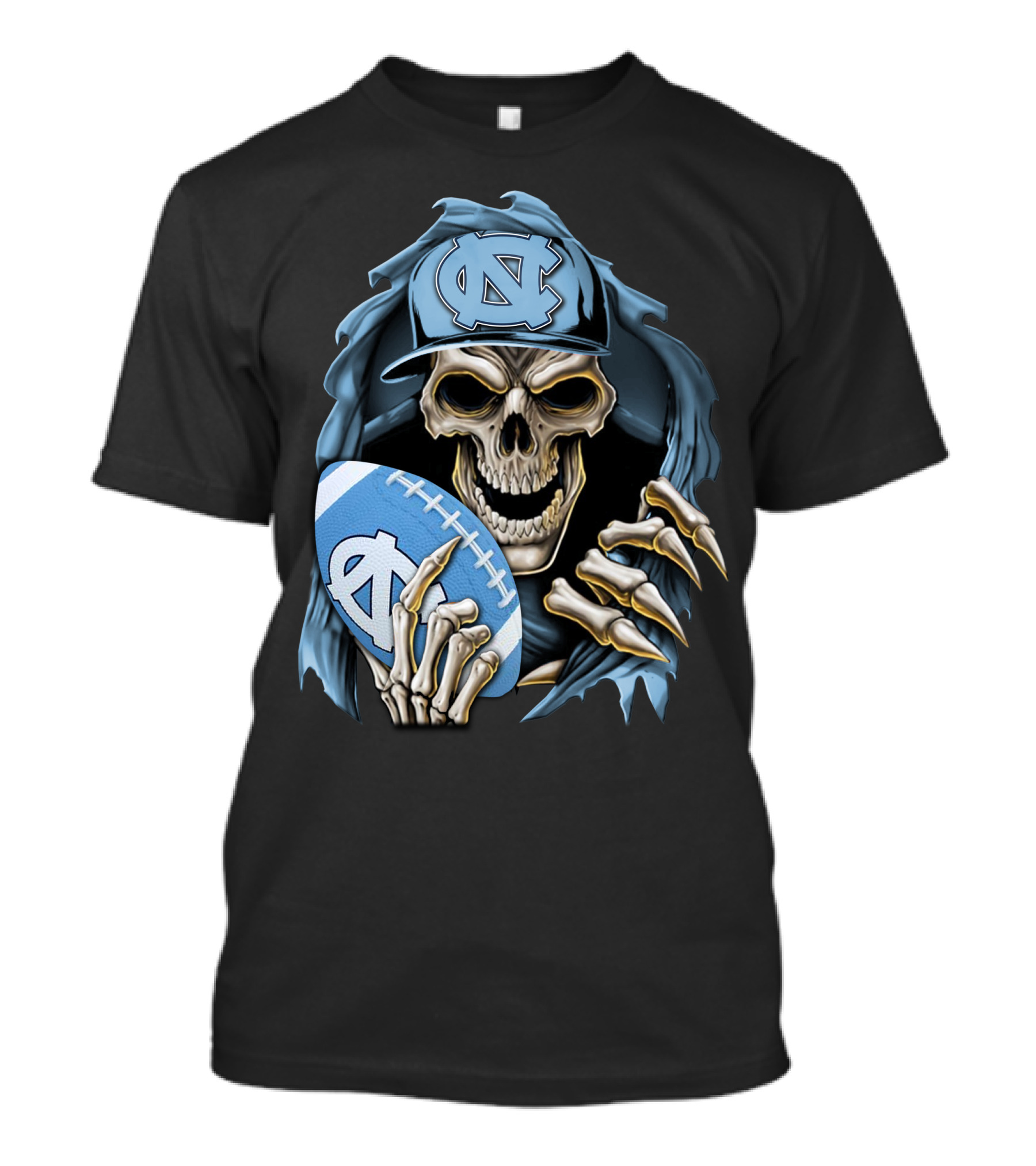 Skullbong North Carolina Tar Heels Skeleton Football Fan With Cap And Ball T-Shirt