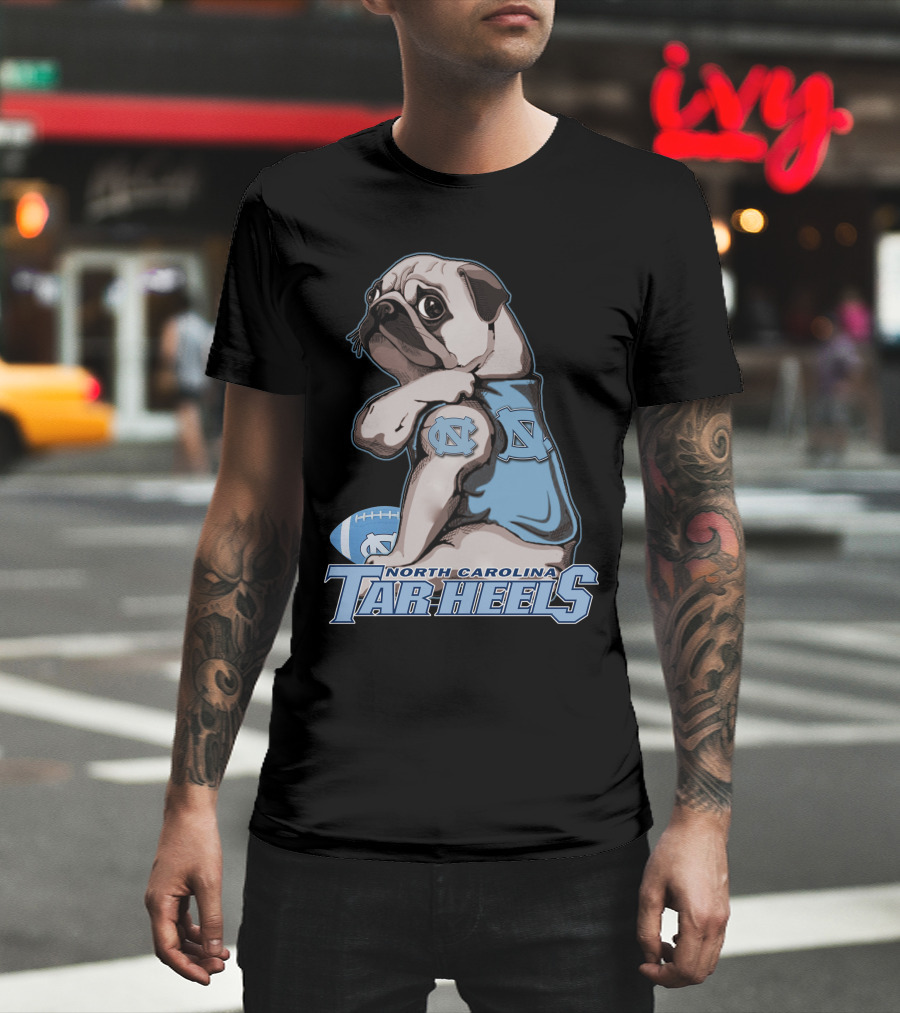 Pug Wearing North Carolina Tar Heels Sports Jersey With Football T-Shirt