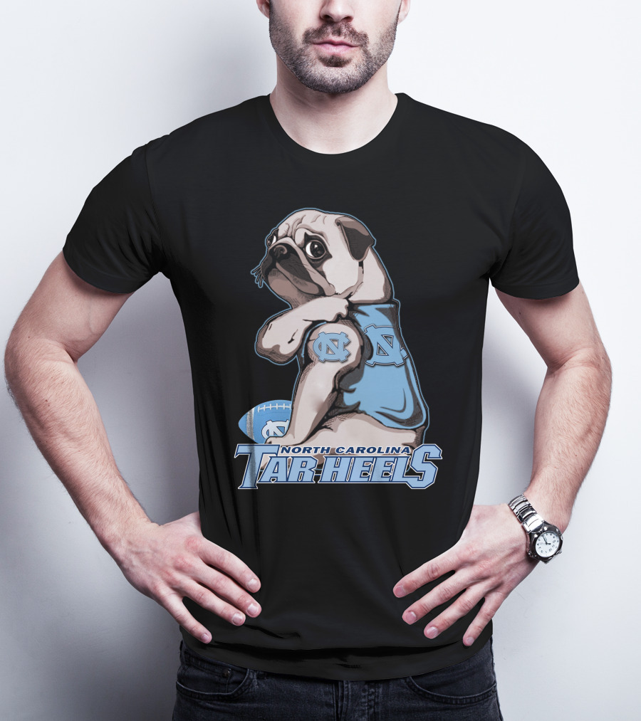 Pug Wearing North Carolina Tar Heels Sports Jersey With Football T-Shirt