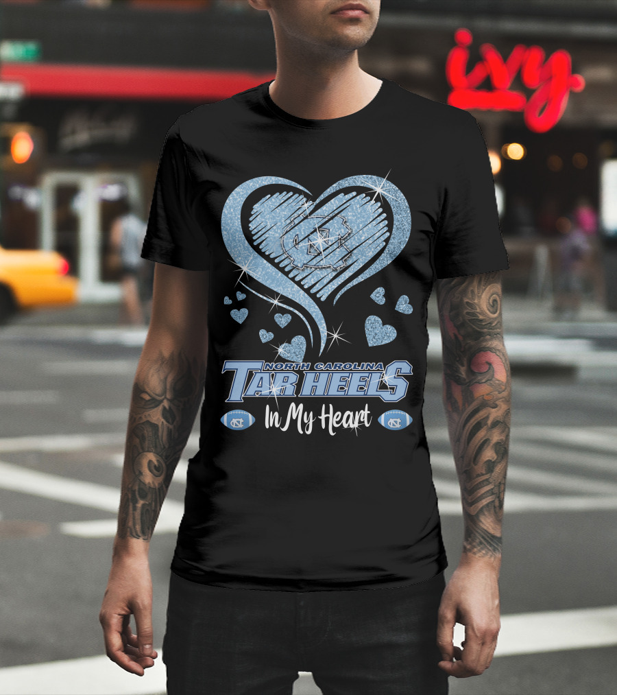 North Carolina Tar Heels In My Heart Sparkling Logo And Footballs T-Shirt