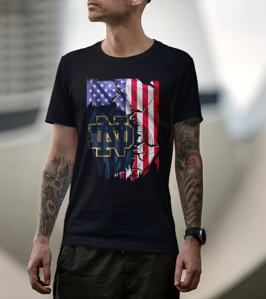 American Flag With Notre Dame ND Monogram Fighting Irish T-Shirt