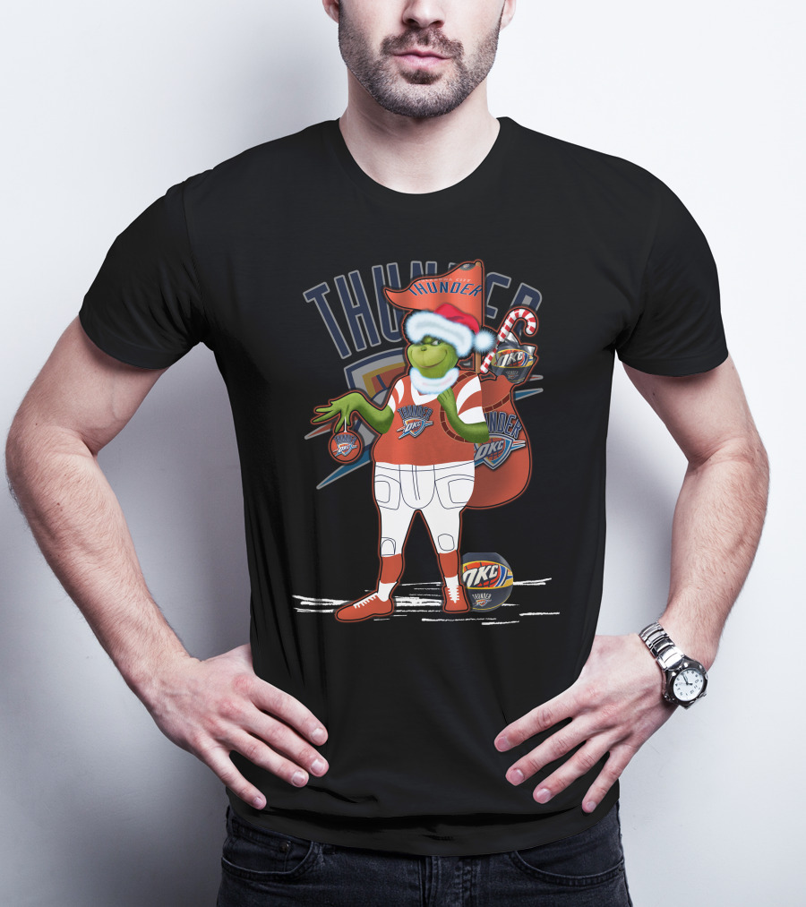 Grinchxmas Oklahoma City Thunder Holiday Basketball Character With Candy Cane And Santa Hat T-Shirt