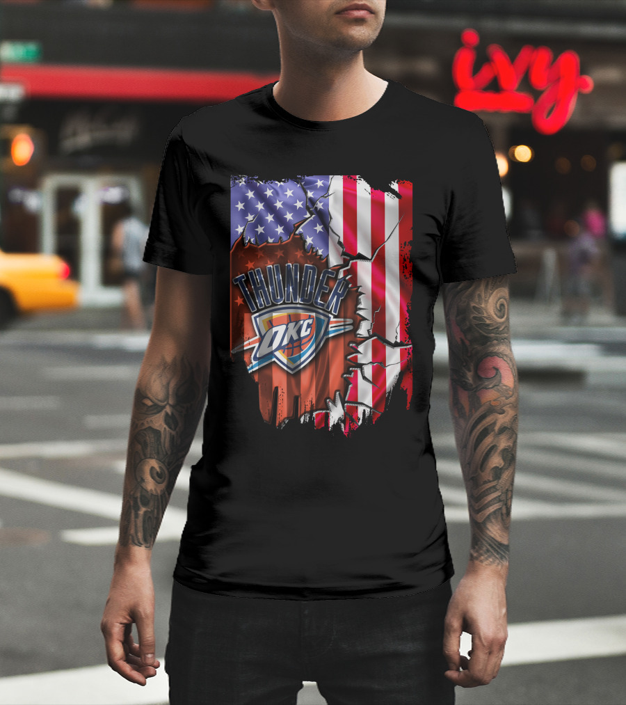 USA Flag Rip With Oklahoma City Thunder OKC Basketball T-Shirt
