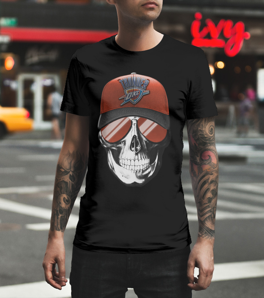 Skull With Oklahoma City Thunder Cap And Sunglasses T-Shirt
