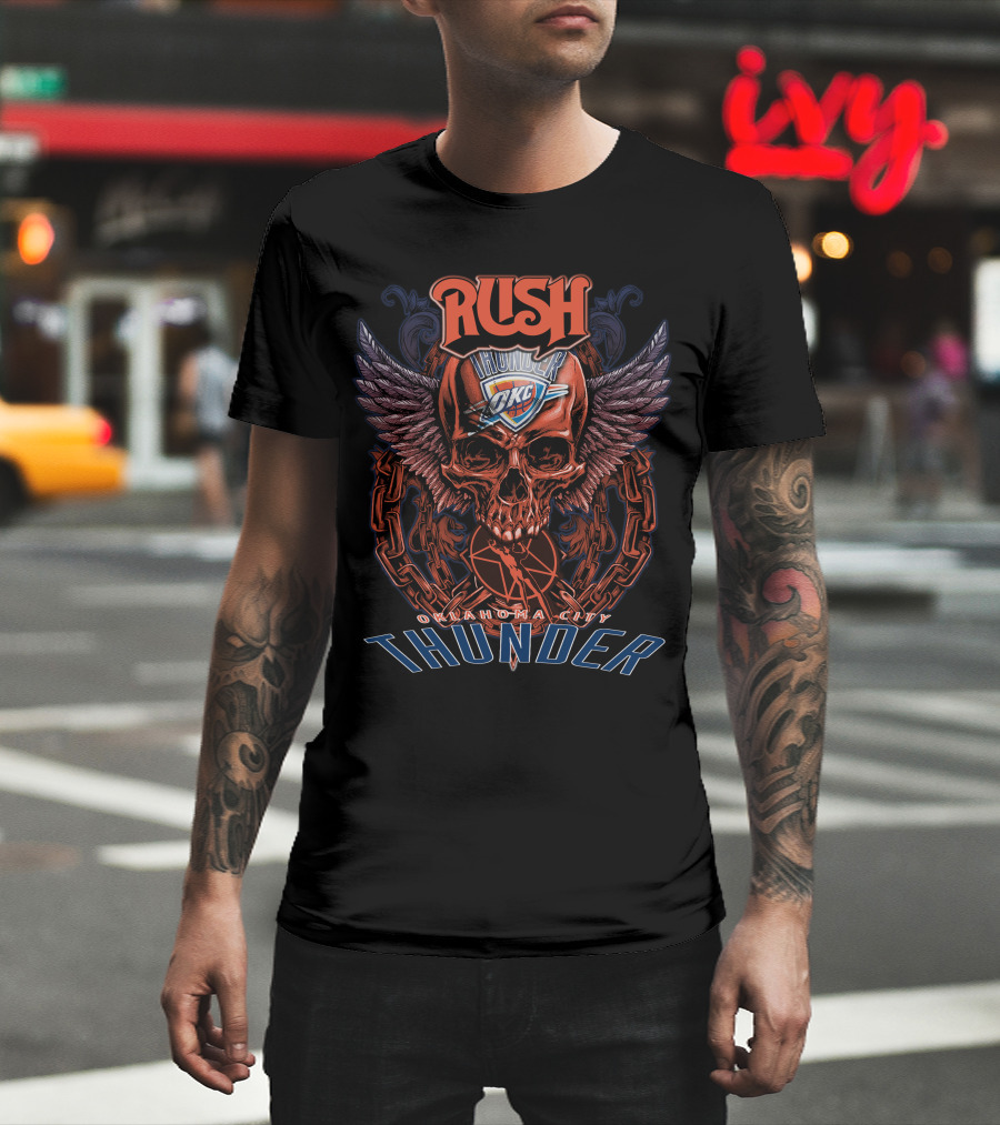 Rush Oklahoma City Thunder OKC Basketball Skull Wings Chain T-Shirt