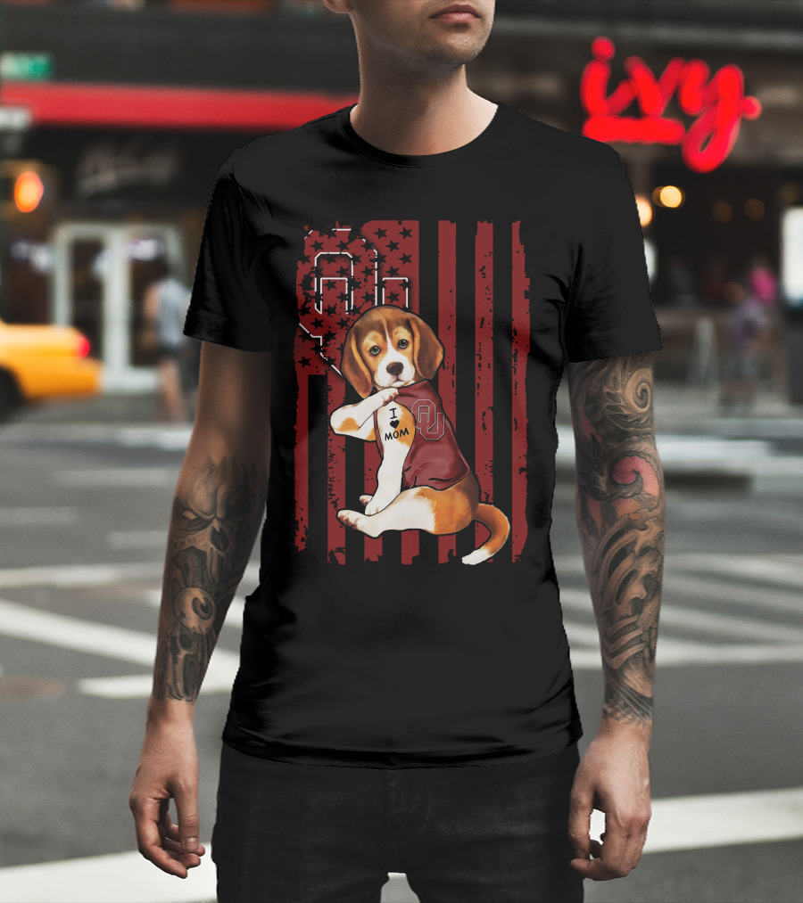 Beagle Puppy I Love Mom Oklahoma Sooners OU Red Stripes Stars T-Shirt