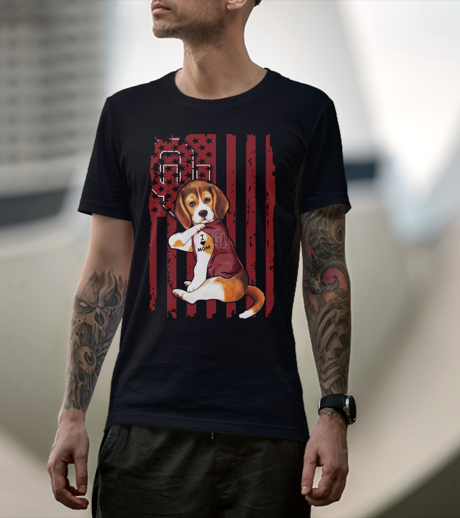Beagle Puppy I Love Mom Oklahoma Sooners OU Red Stripes Stars T-Shirt