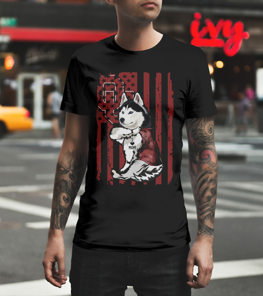 Siberian Husky Oklahoma Sooners Mom With American Flag And OU T-Shirt