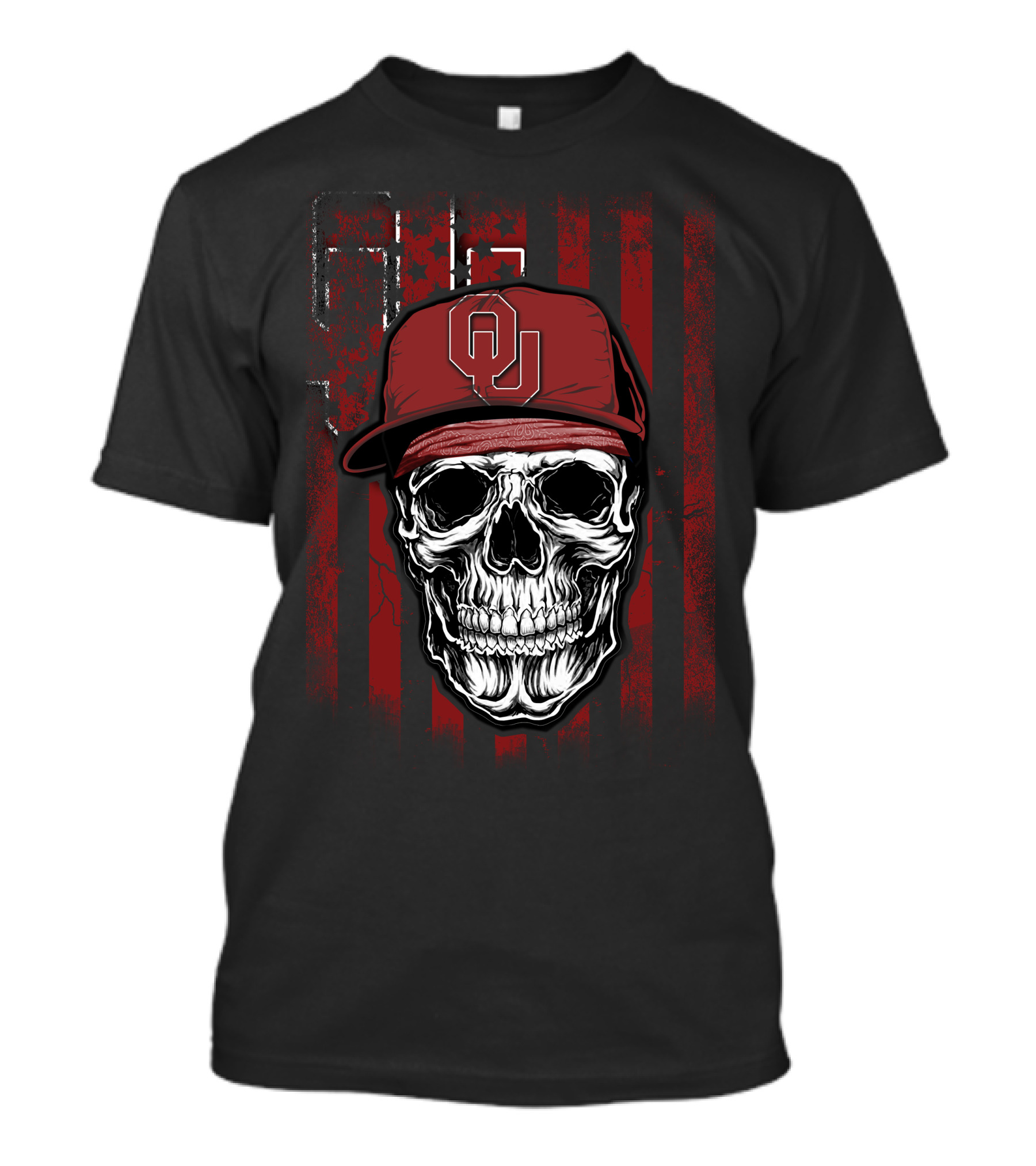 Skull With Oklahoma Sooners OU Cap On Distressed Red And Black Flag Background T-Shirt