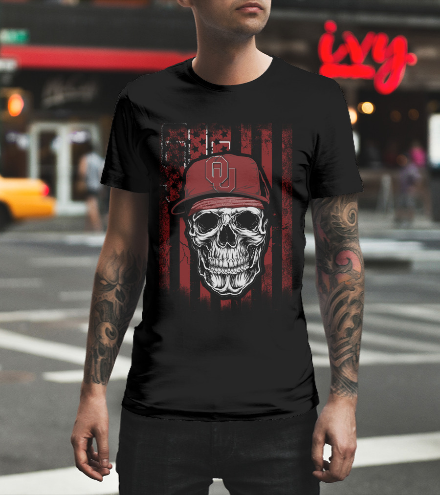 Skull With Oklahoma Sooners OU Cap On Distressed Red And Black Flag Background T-Shirt