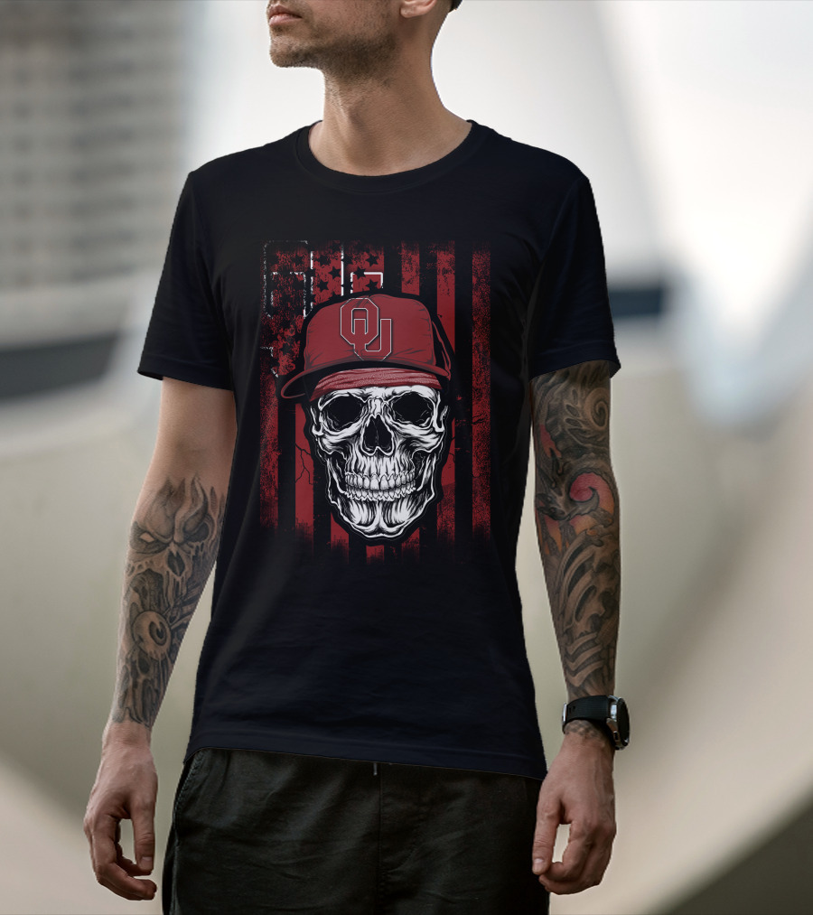 Skull With Oklahoma Sooners OU Cap On Distressed Red And Black Flag Background T-Shirt
