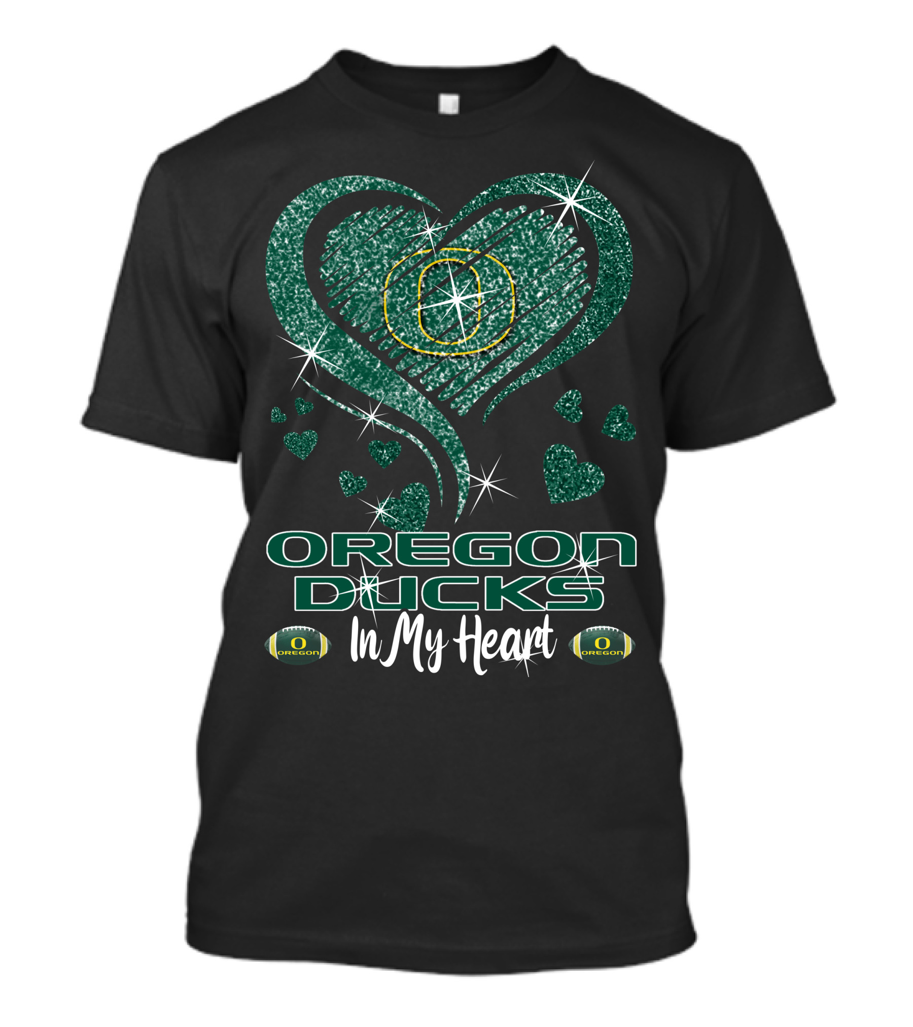 Oregon Ducks In My Heart Sparkling Green Hearts And Footballs T-Shirt