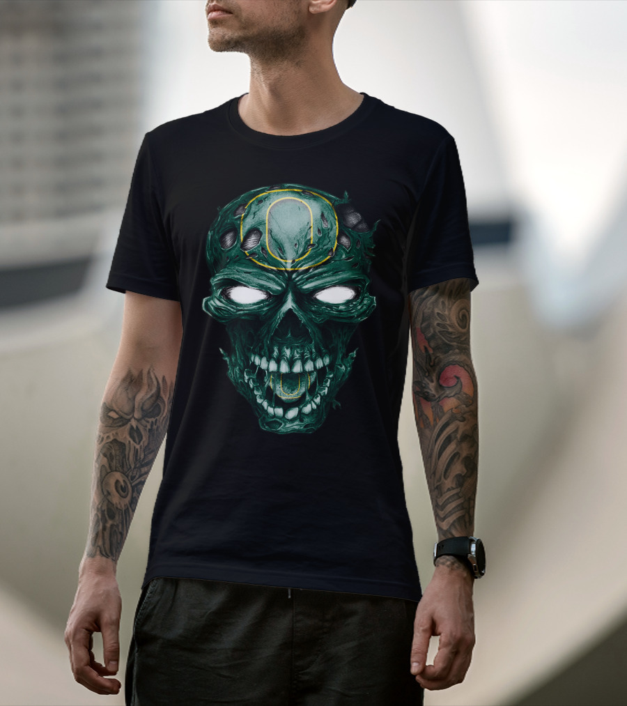 Skull Oregon Ducks Green Zombie Head With Neon O T-Shirt