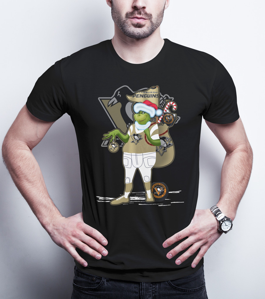 Grinchxmas Pittsburgh Penguins Holiday Mashup With Logo And Santa Hat T-Shirt