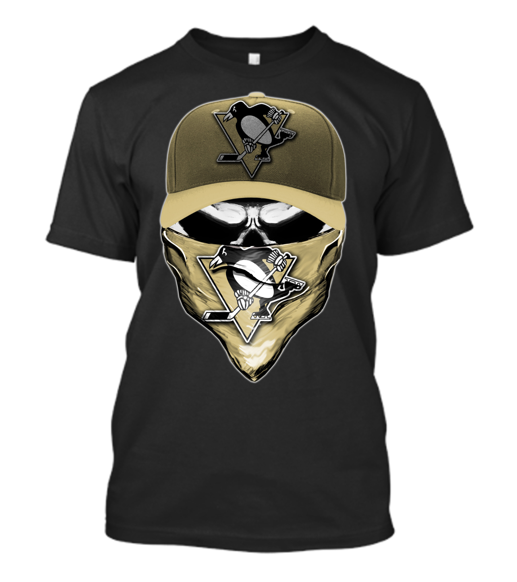 Skull With Pittsburgh Penguins Logo Hat And Bandana T-Shirt