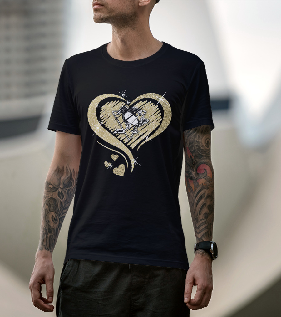 Heart Diamond Pittsburgh Penguins Logo Gold Sparkle T-Shirt
