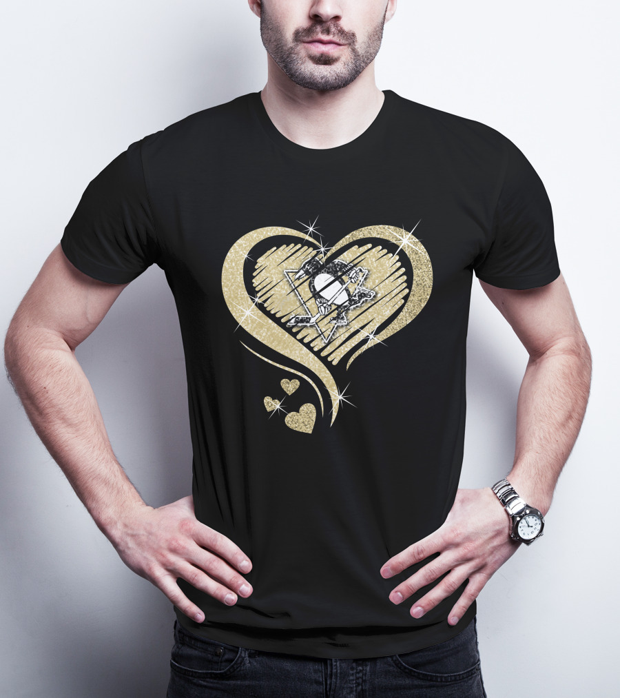 Heart Diamond Pittsburgh Penguins Logo Gold Sparkle T-Shirt