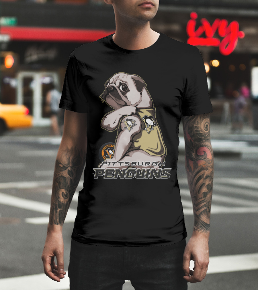 Pug Wearing Pittsburgh Penguins Hockey T-Shirt